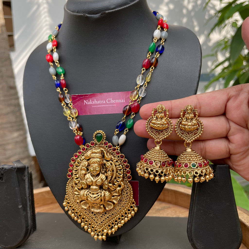 Premium Navratna Temple Goddess Short Chain Set – Nakshatra Chennai